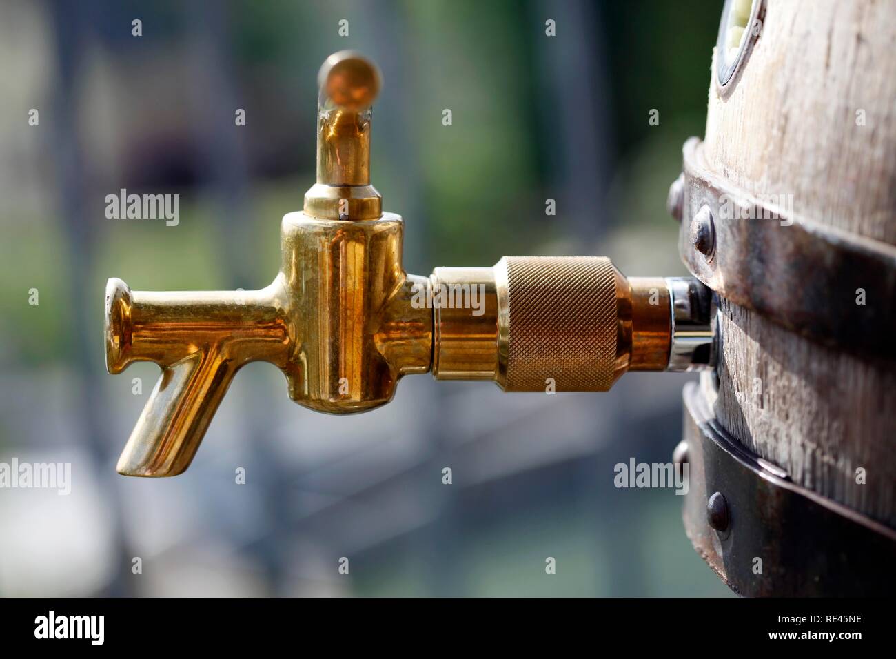 Wood beer keg in a small private brewery, with brass tap Stock Photo ...
