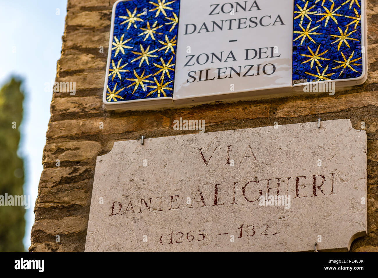 RAVENNA, ITALY - JANUARY 15, 2019: light is enlightening street name ...