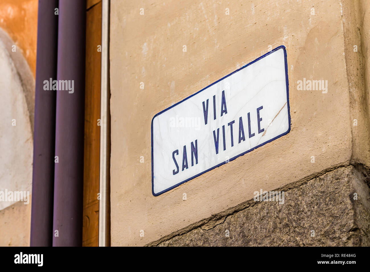 RAVENNA, ITALY - JANUARY 15, 2019: light is enlightening street name ...