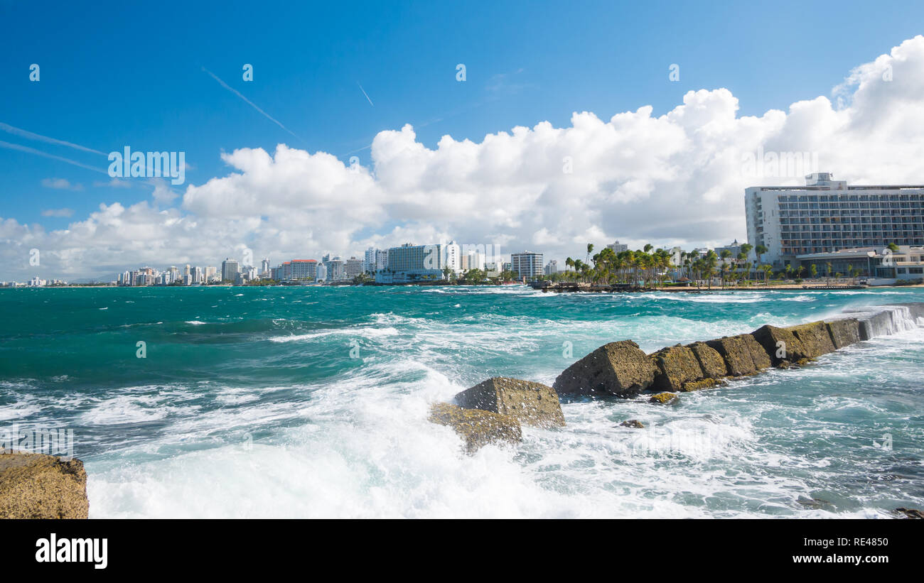 The Atlantic Ocean and waves on a beautiful hot, sunny and windy day ...