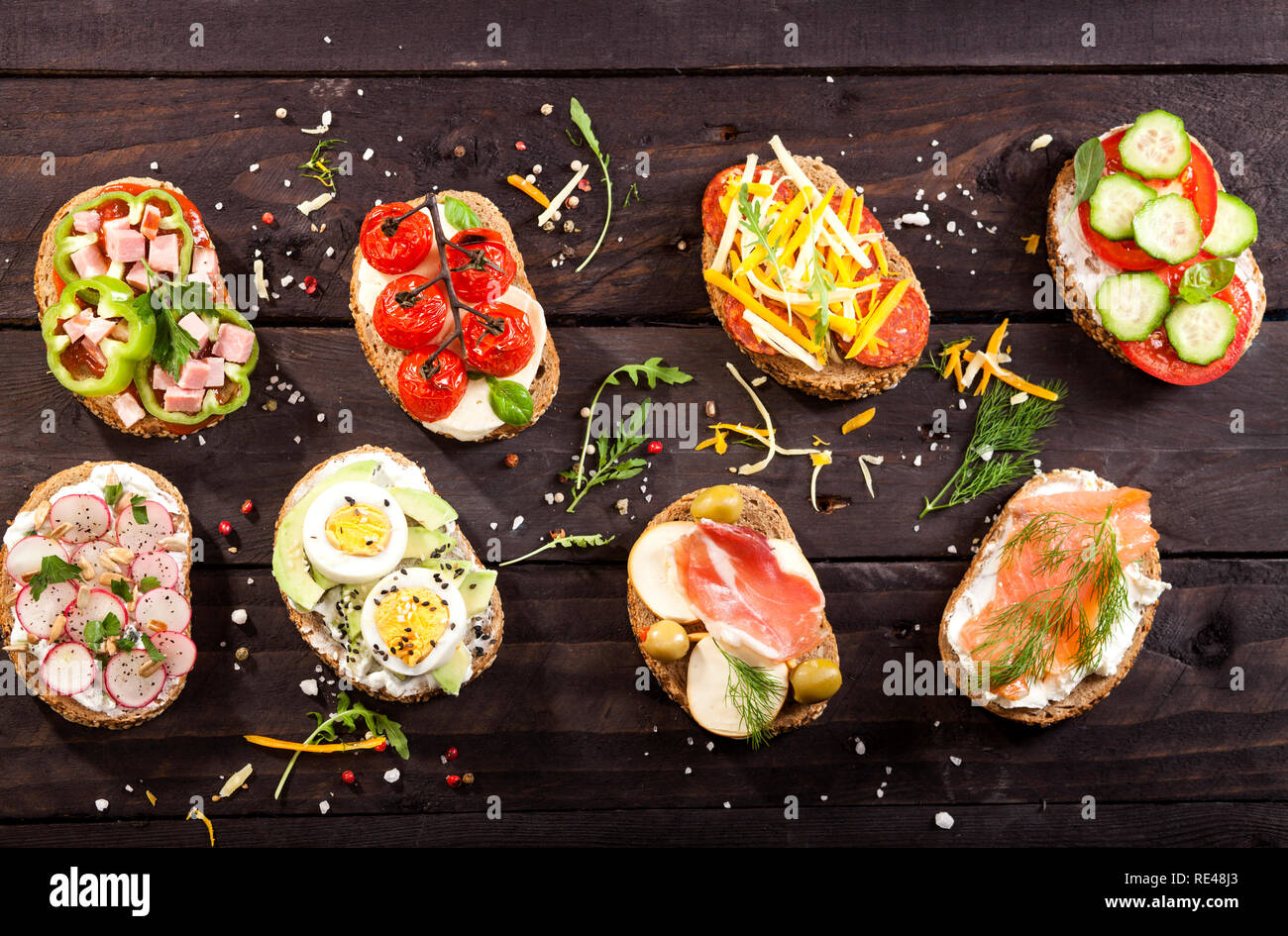 Mini sandwiches food set. Brushetta or authentic traditional spanish ...
