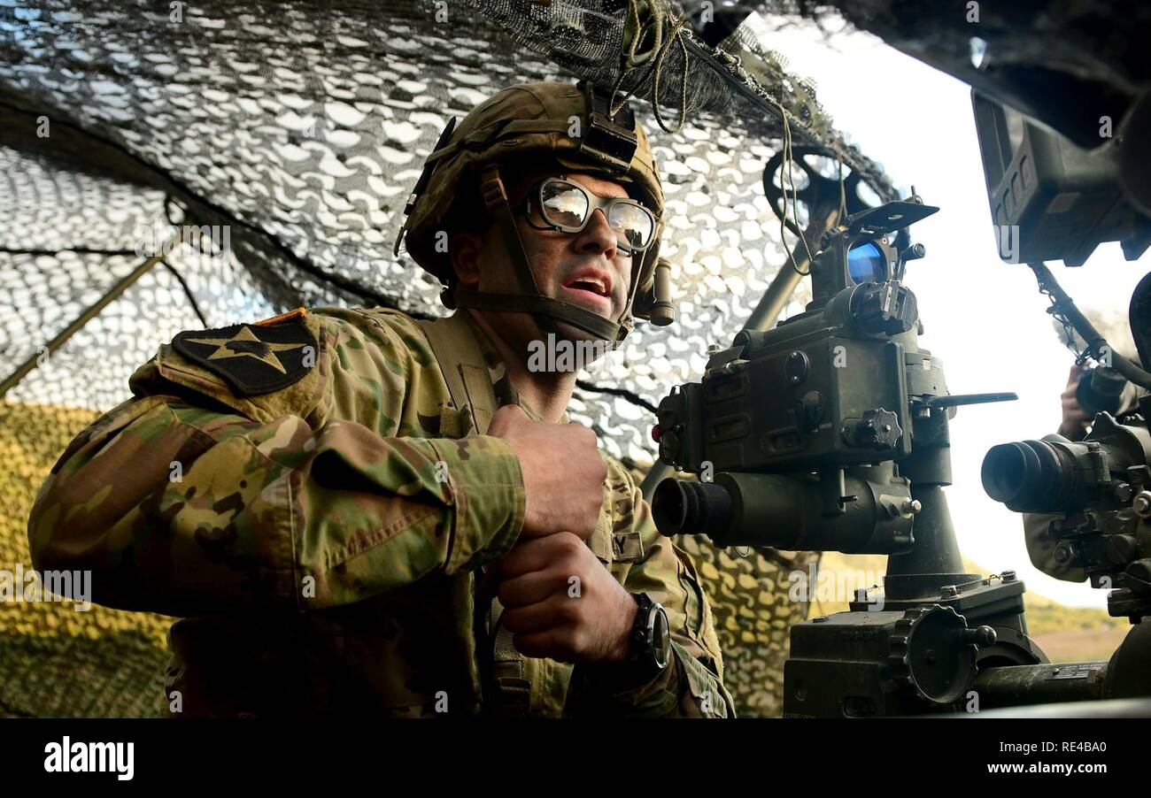 U.S. Army Sgt. Joshadeth Camacho, a gunner assigned to Battery A, 4th ...