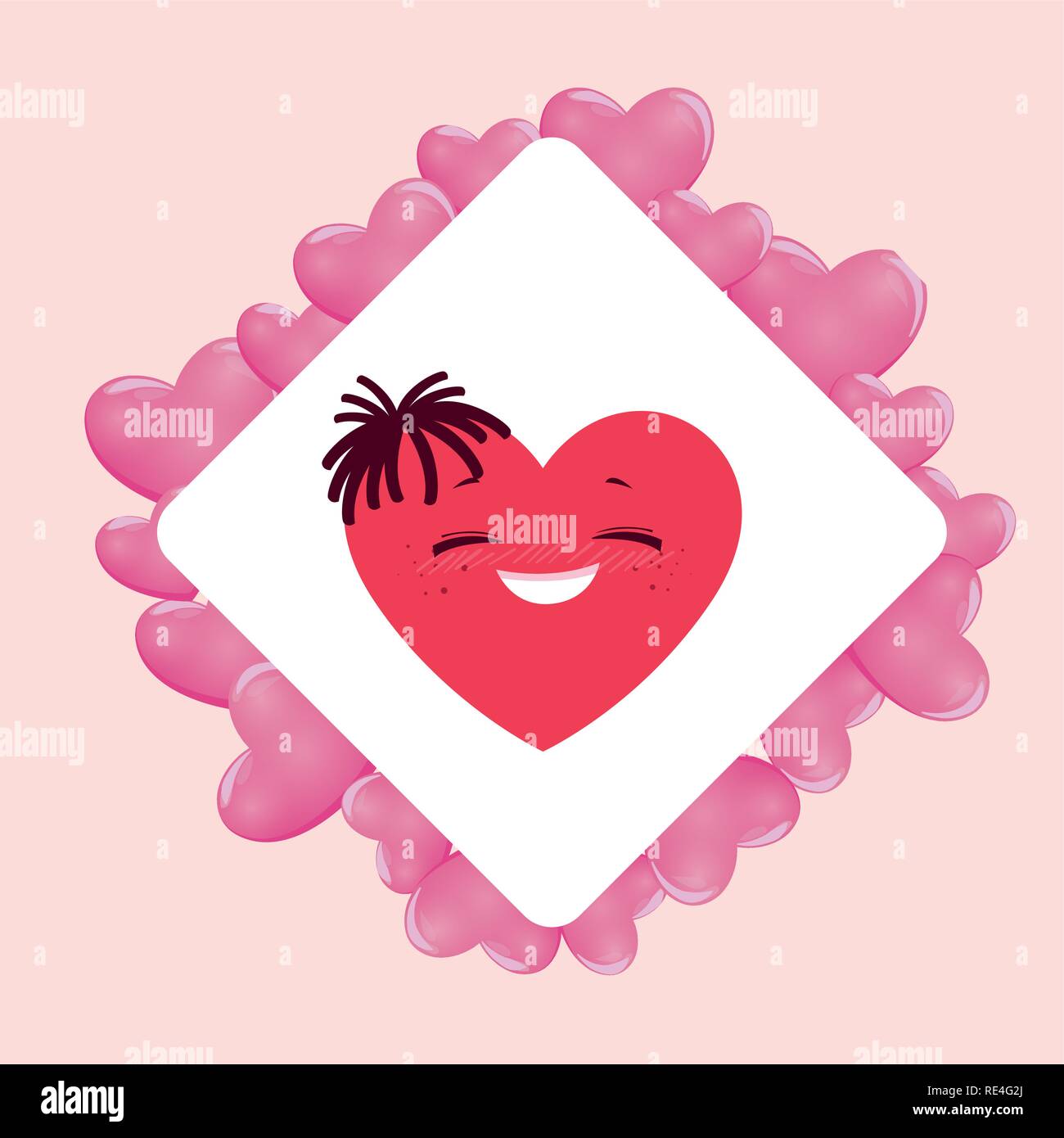 heart face emoticon character in frame with hearts vector illustration ...