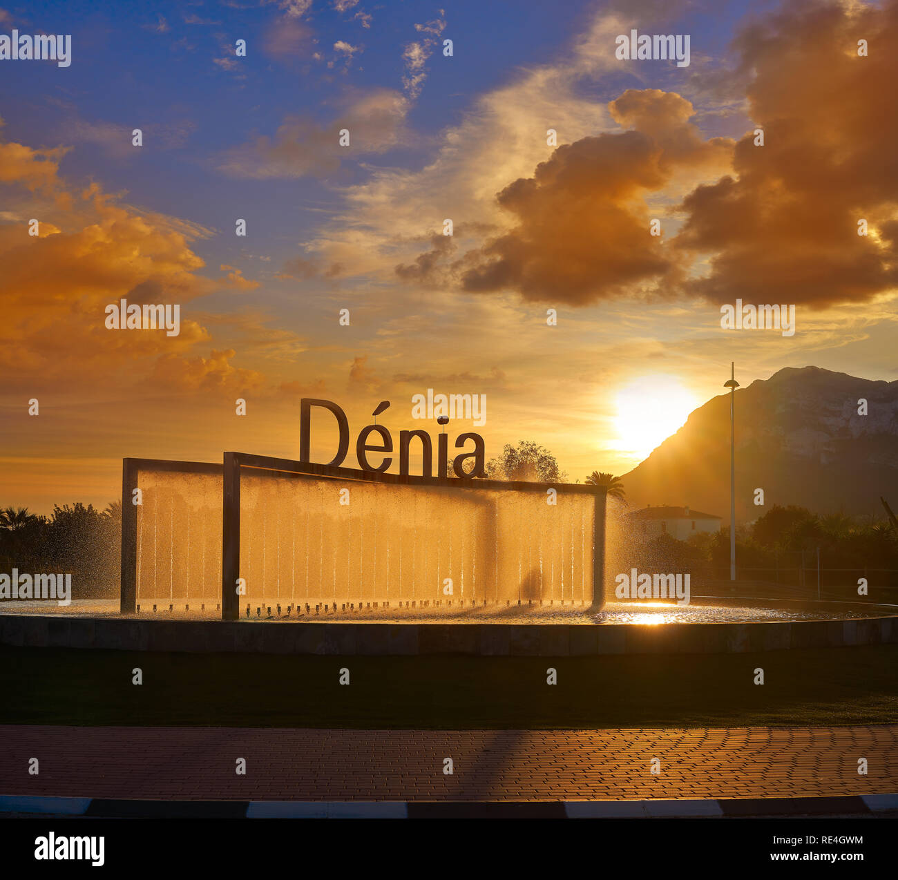 Denia welcome sign fountain at sunrise in Alicante of Spain Stock Photo ...