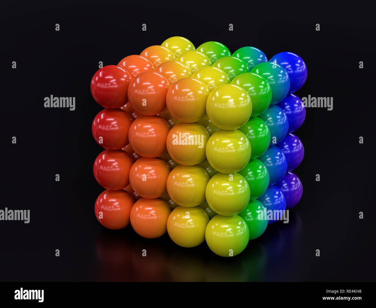 3D render of cube formed from balls in rainbow colors on black ...