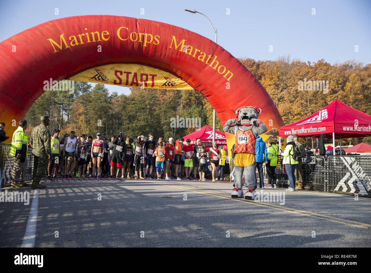 Molly, one of the mascots for the Marine Corps Marathon, stands ...