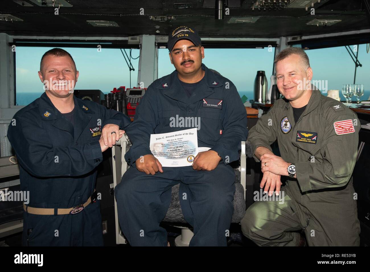U.S. Navy Boatswain’s Mate 3rd Class Jesse Marquez, from Miami, poses ...
