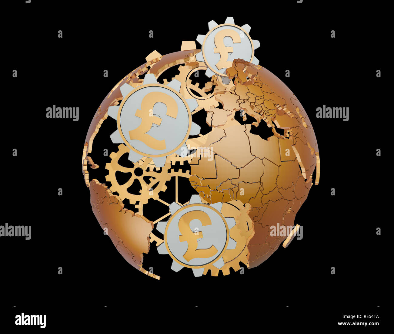 Technology Earth and Gears, Global Financial Wealth, Currency Symbols ...