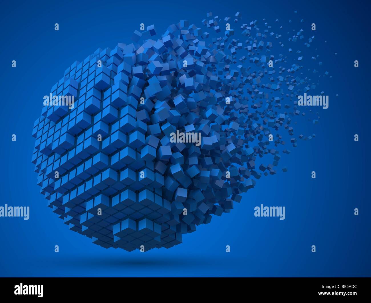 dissolving spherical data block. made with blue cubes. 3d pixel style ...