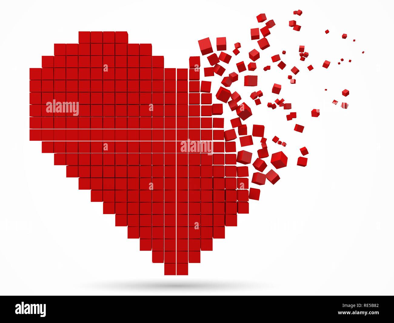 heart shaped, dissolving data block. made with red cubes. 3d pixel ...