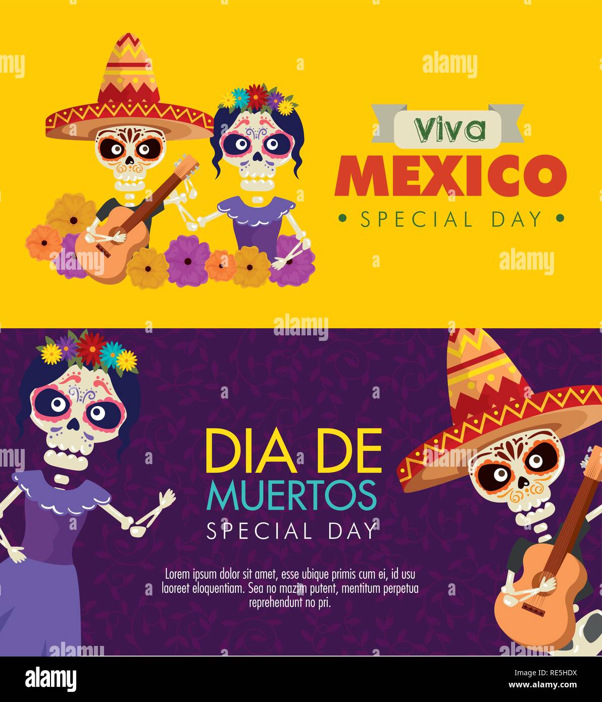 set day of the dead celebration with skeleton and catrina Stock Vector ...