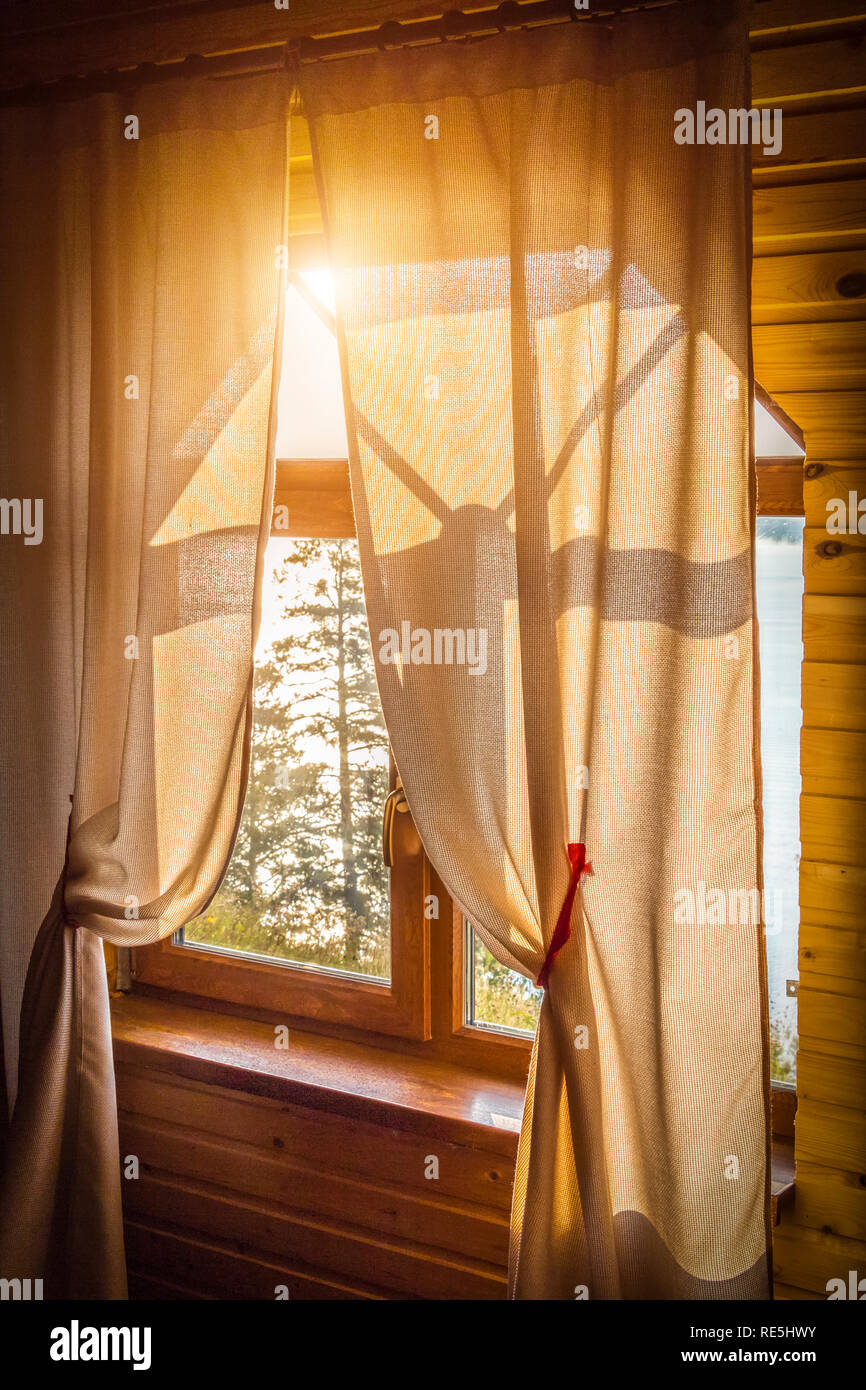 Beautiful view of nature from the window of a wooden house Stock Photo ...