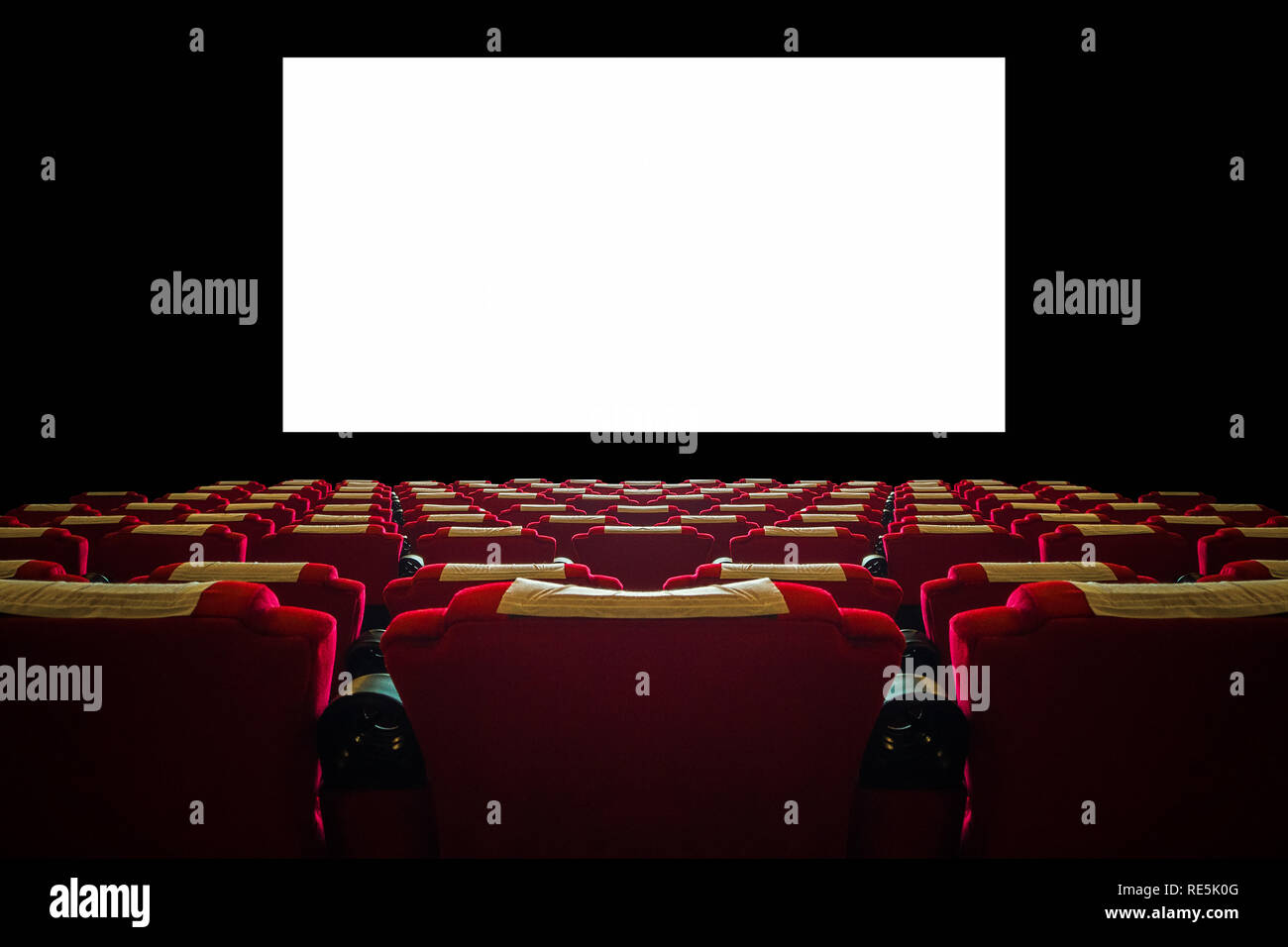 Cinema hall with red seat and wide white screen Stock Photo - Alamy