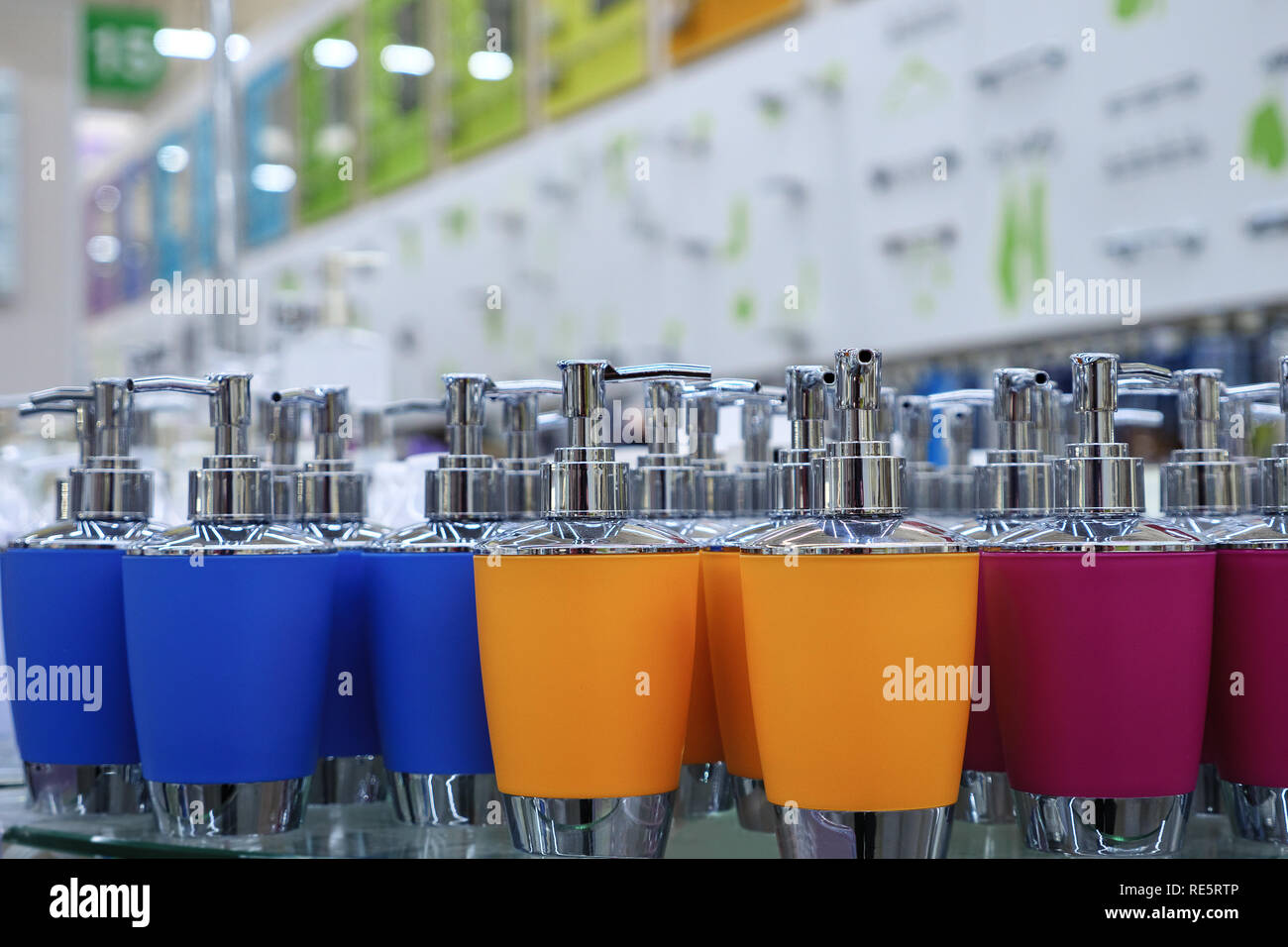 Various soap dispensers in shop Stock Photo - Alamy