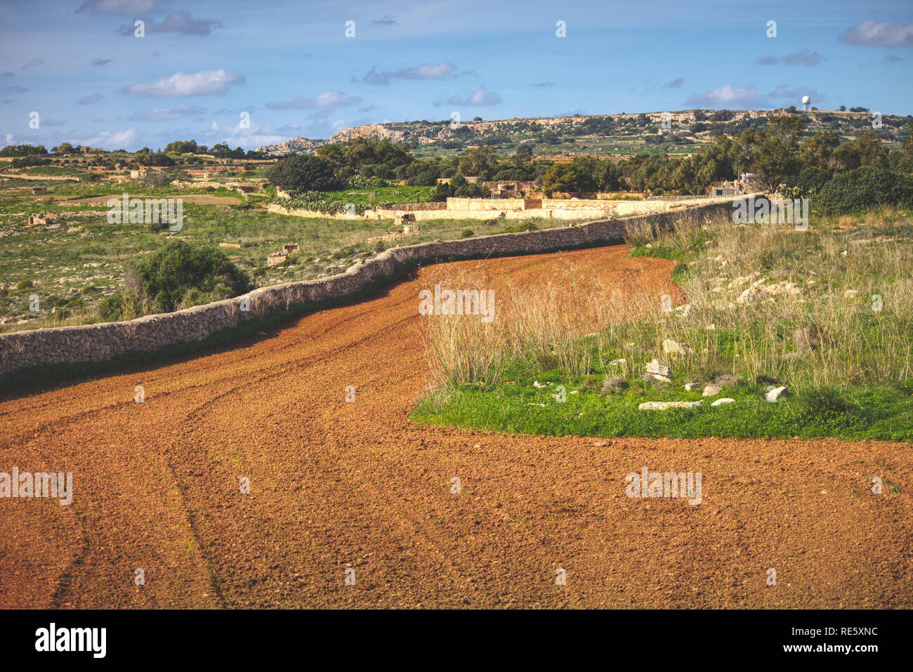 A photograph of a typical Mediterranean landscape with a stone wall ...