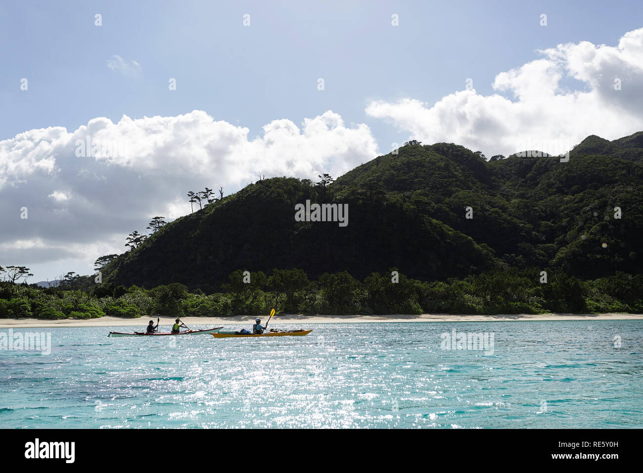 Group of kayakers on a kayaking expedition at tropical islands Stock ...