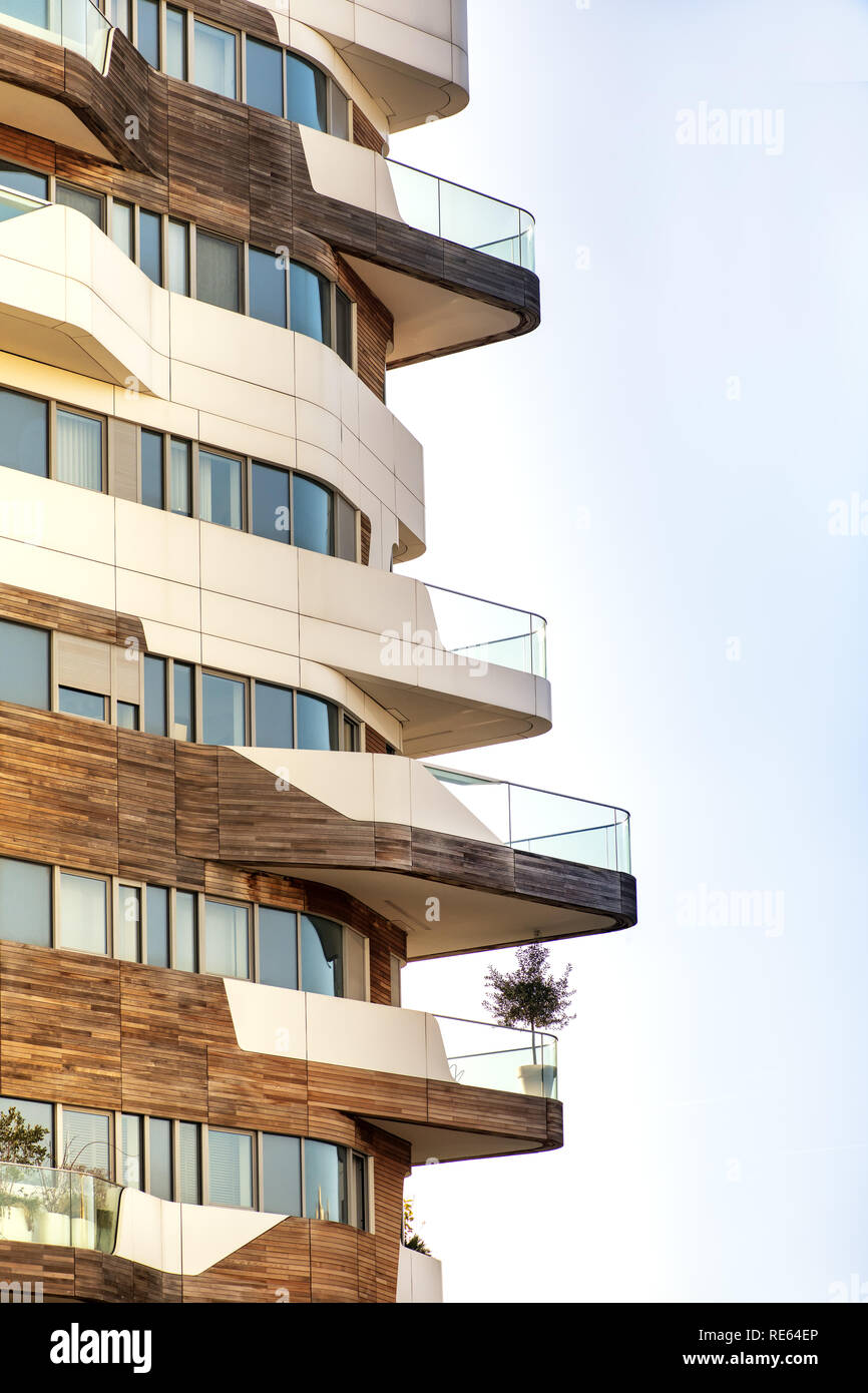 Corner angle of a modern apartment block with large balconies and ...