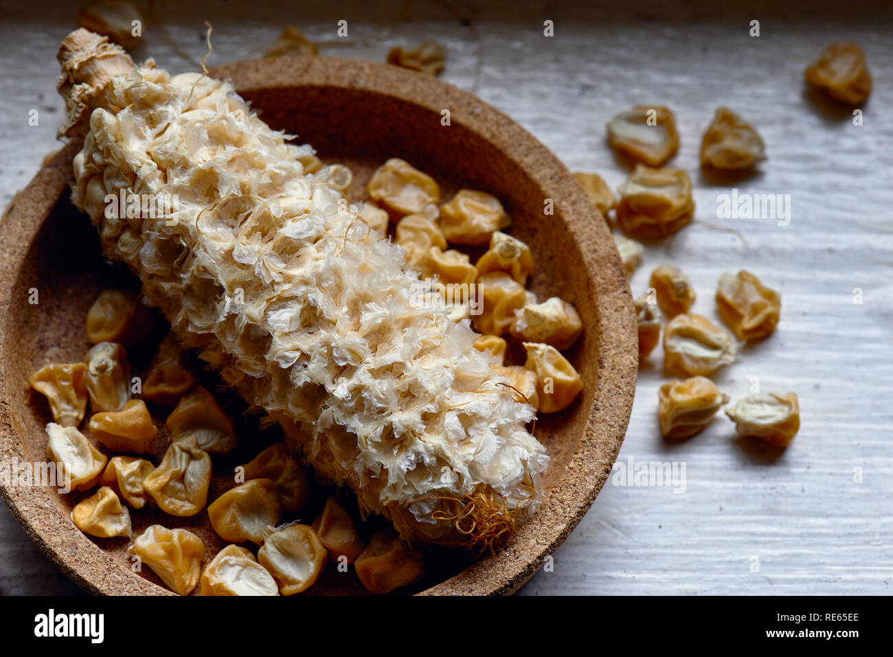 Dried sweet corn seed off the cob in a cork bowl ready for planting ...