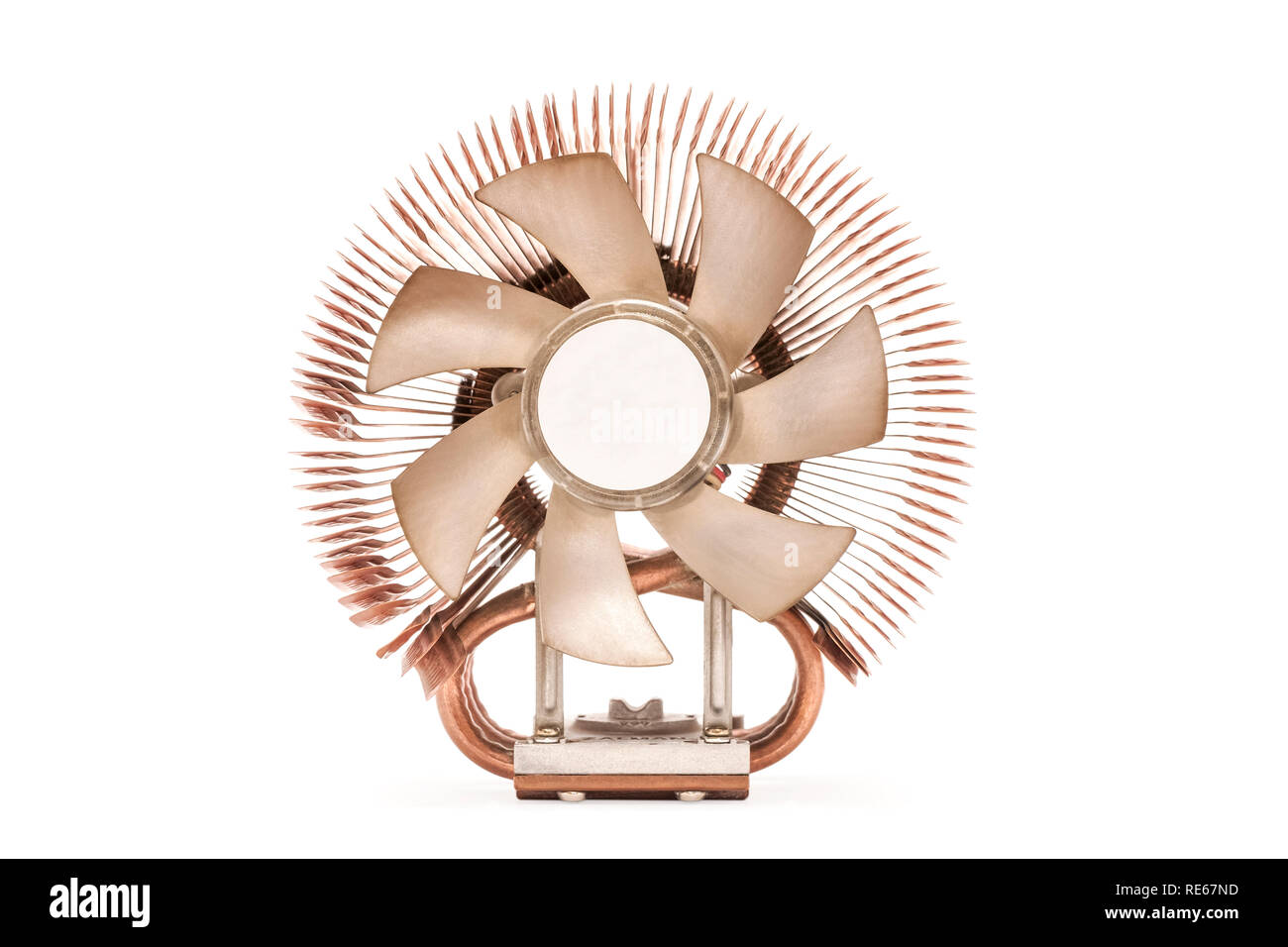 Large powerful fan with copper tubes and heat sink isolated on white ...