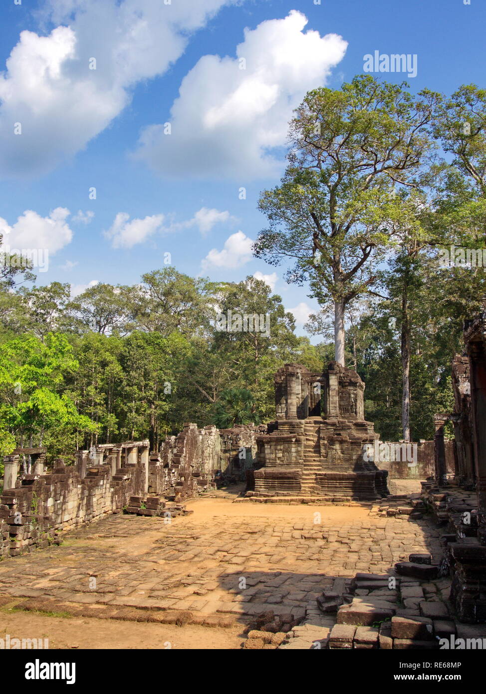Ta Prohm the temple ruins overgrown with trees at Angkor Wat in Seam ...