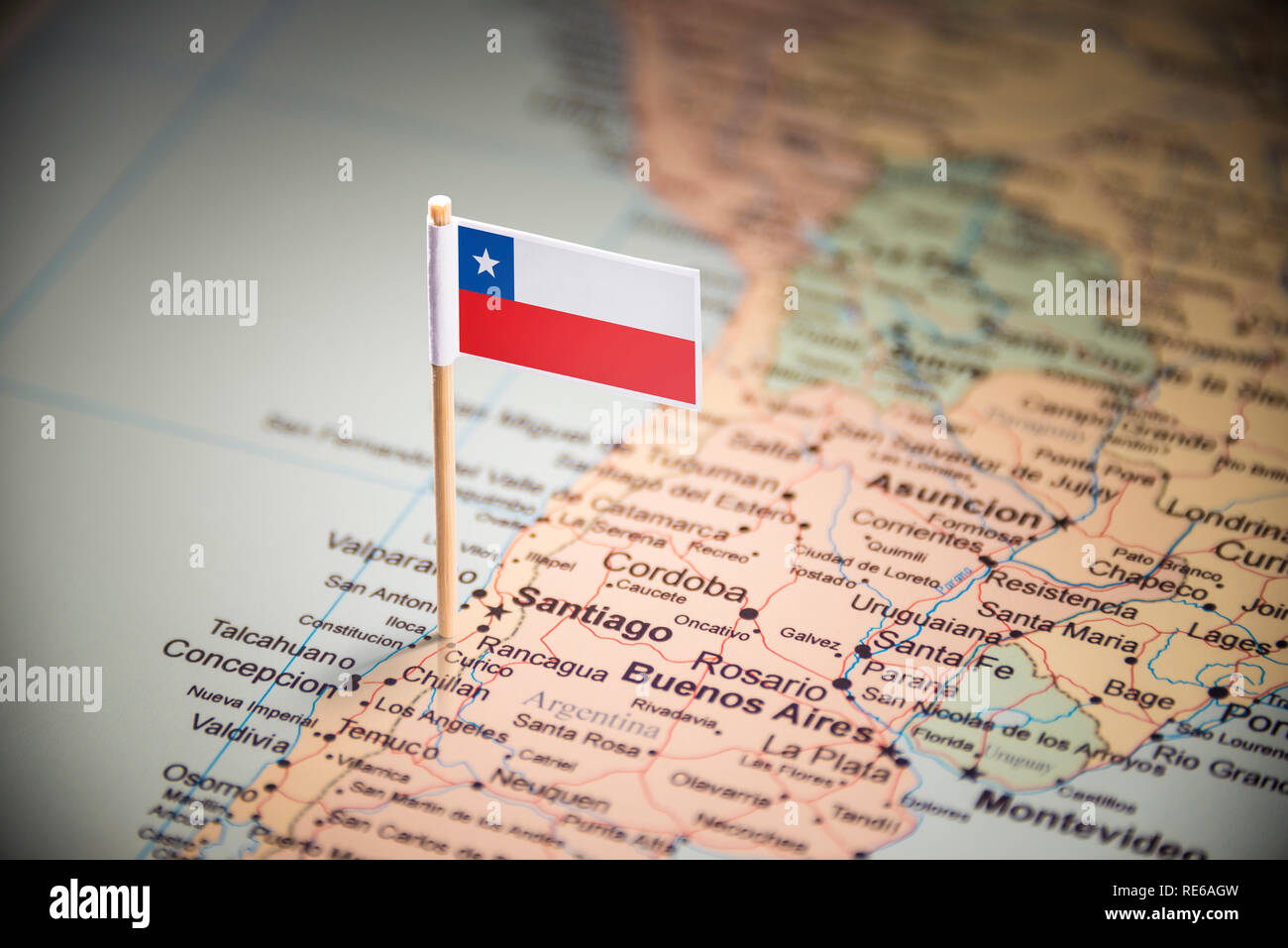 Chile marked with a flag on the map Stock Photo - Alamy