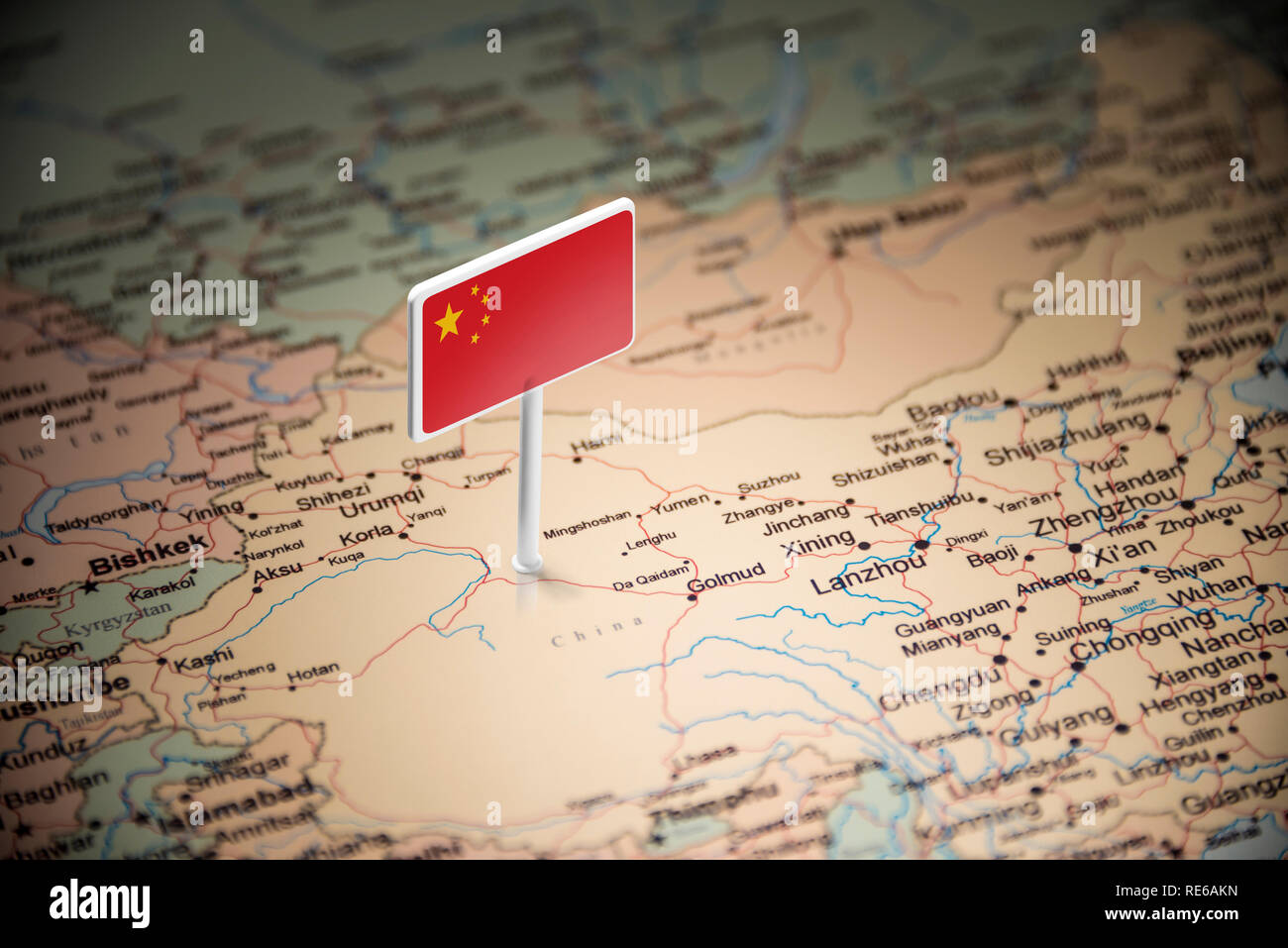 China marked with a flag on the map Stock Photo - Alamy