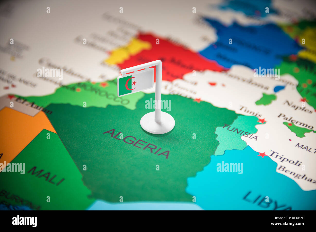 Algeria marked with a flag on the map Stock Photo - Alamy