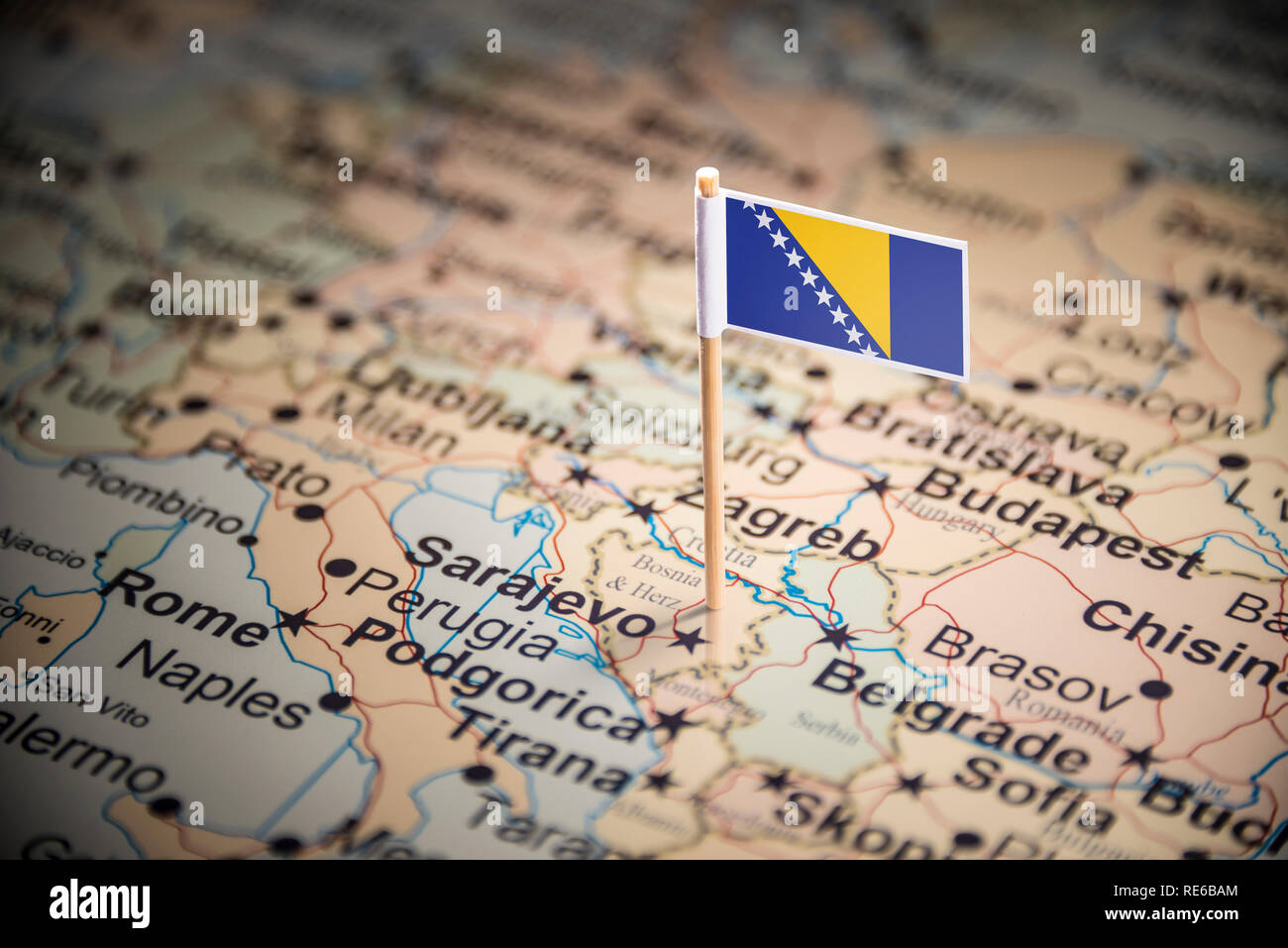 Bosnia and Herzegovina marked with a flag on the map Stock Photo - Alamy