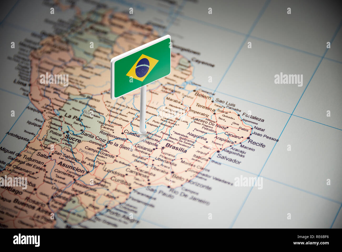Brazil marked with a flag on the map Stock Photo - Alamy