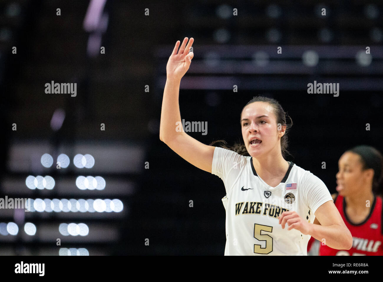 Winston-Salem, USA. 20th Jan, 2019. Wake Forest Demon Deacons guard ...