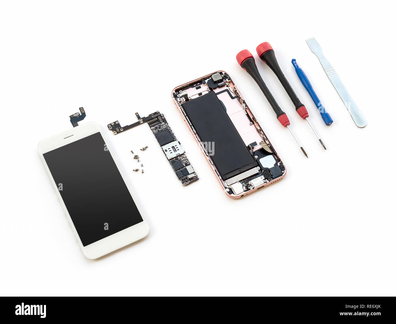 Disassembled broken smartphone preparing to repair or replace new part ...