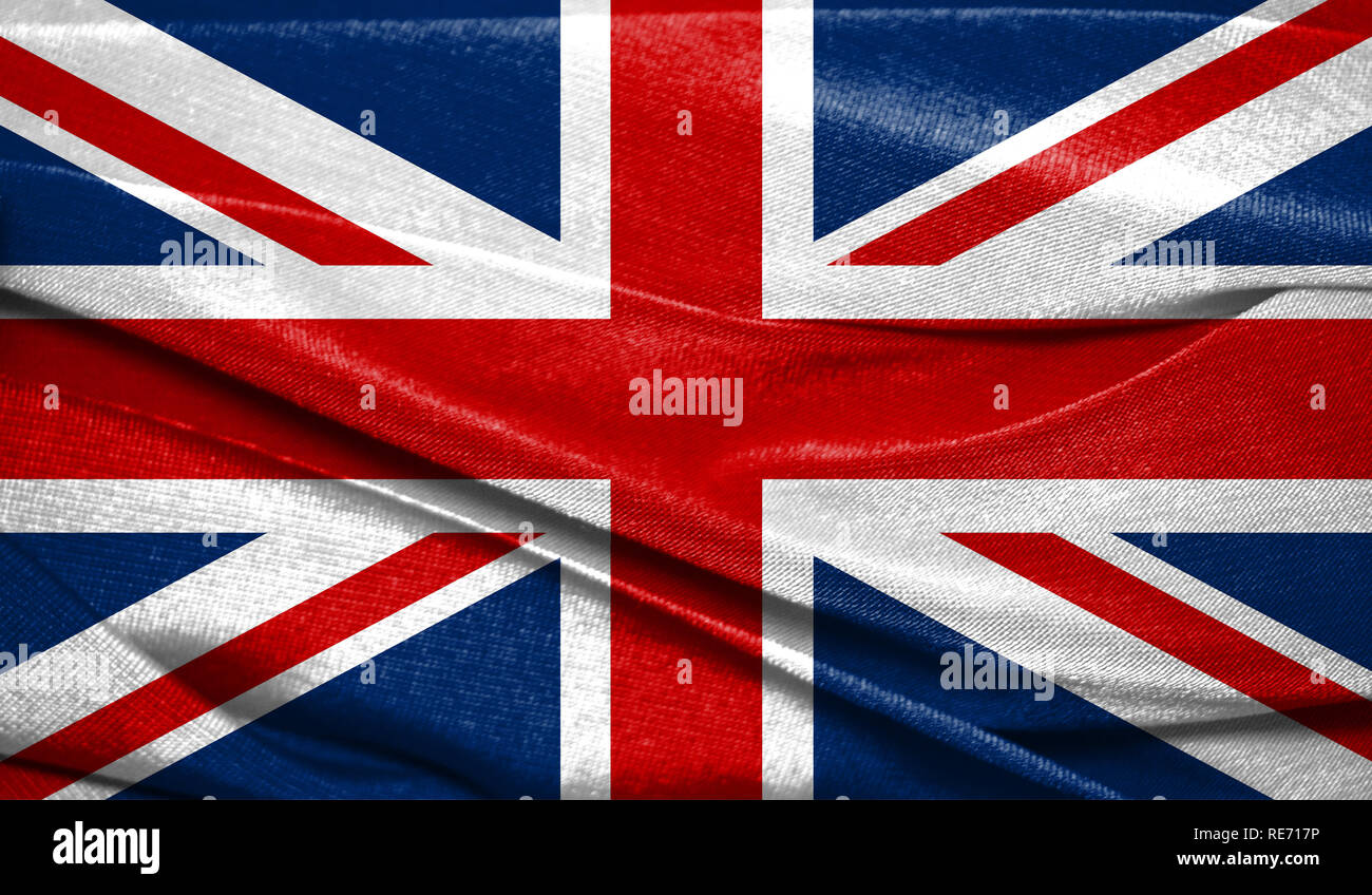 Realistic flag of United Kingdom on the wavy surface of fabric. Perfect ...