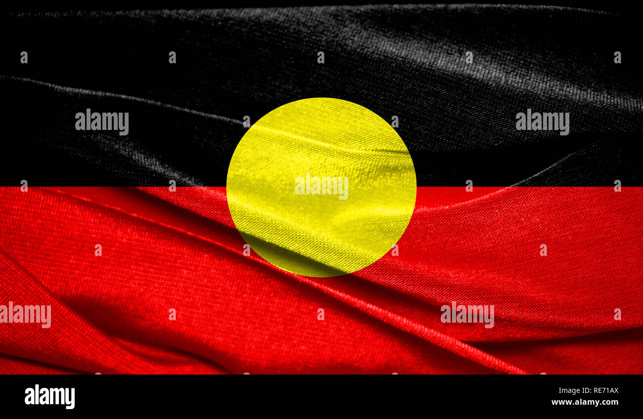 Realistic flag of Australian Aboriginal on the wavy surface of fabric ...