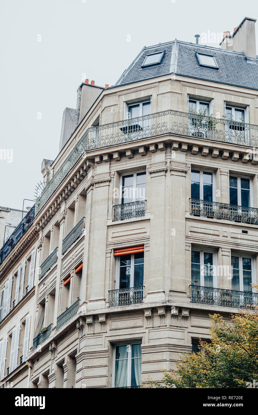 View from below on a facade European building in Paris, France Stock ...