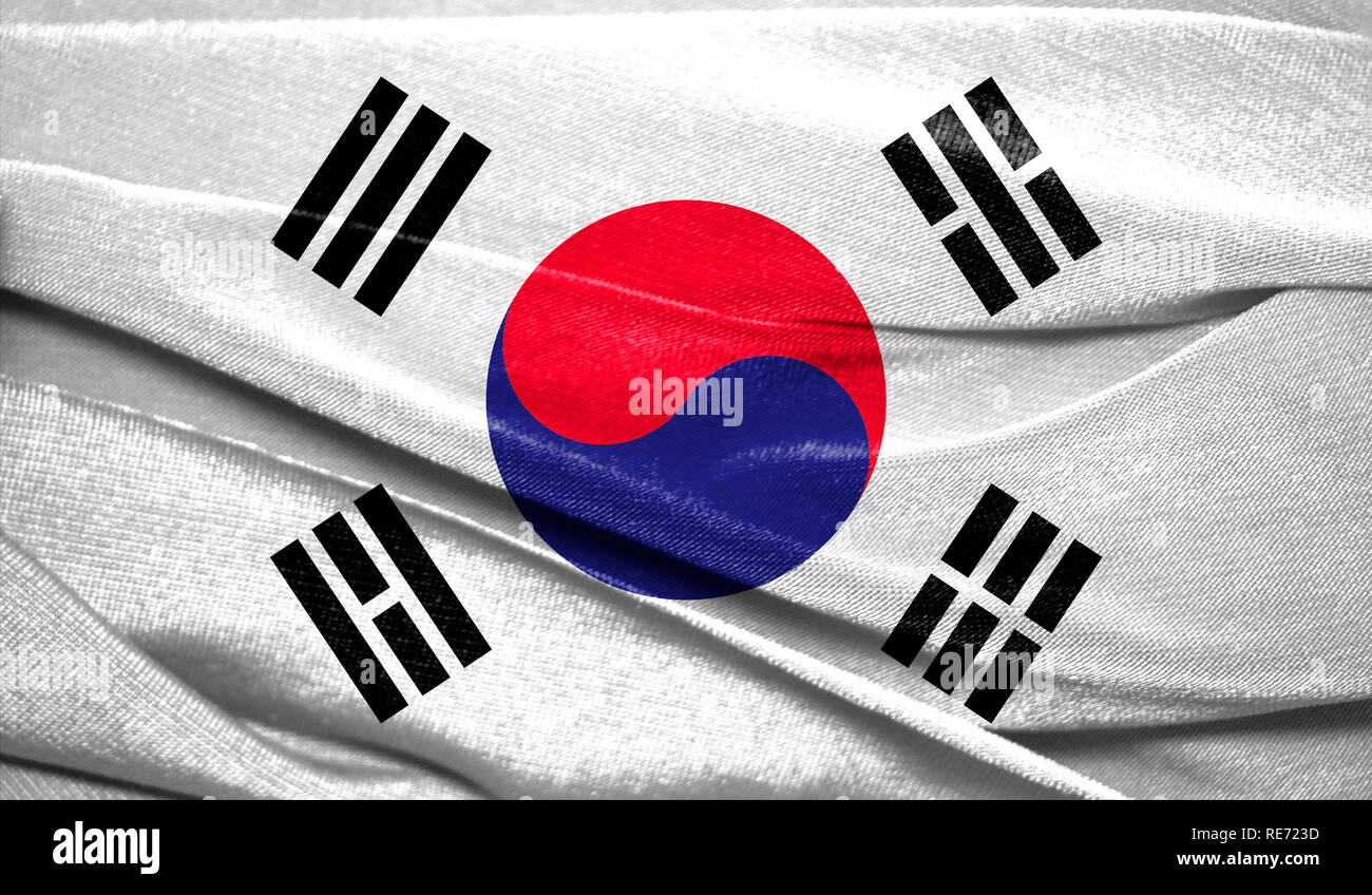 Realistic flag of South Korea on the wavy surface of fabric. Perfect ...