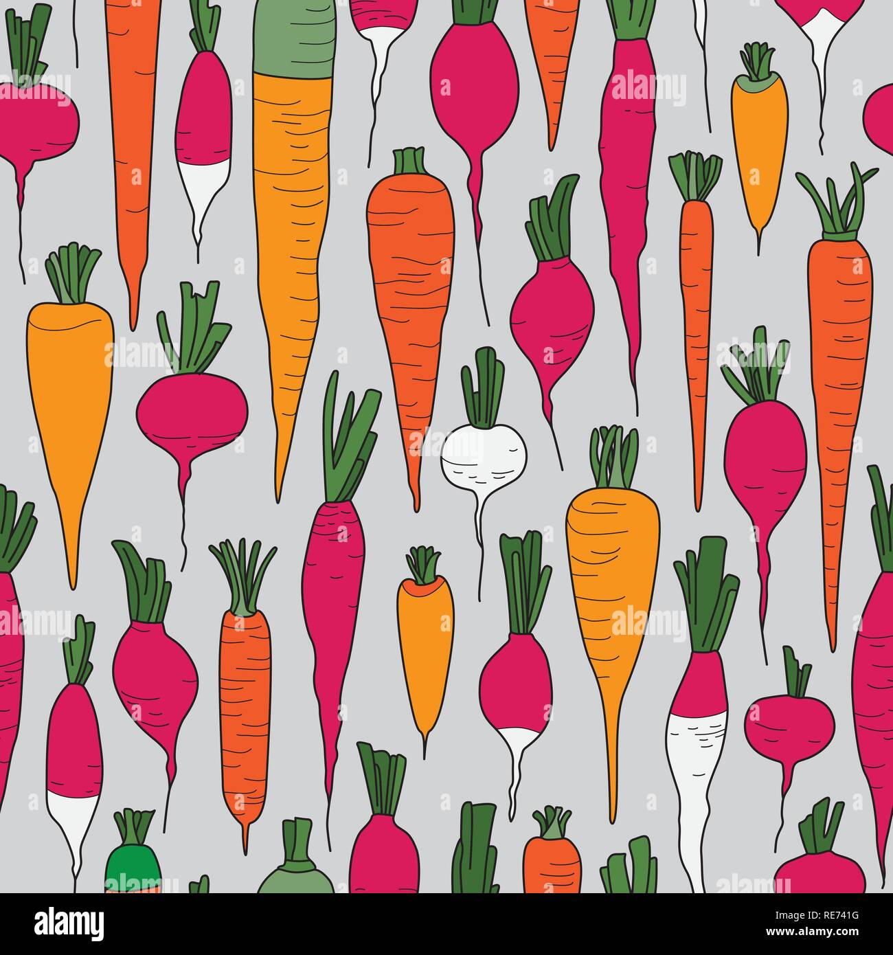 Carrot and Radish Drawing Seamless Pattern on Grey Background ...
