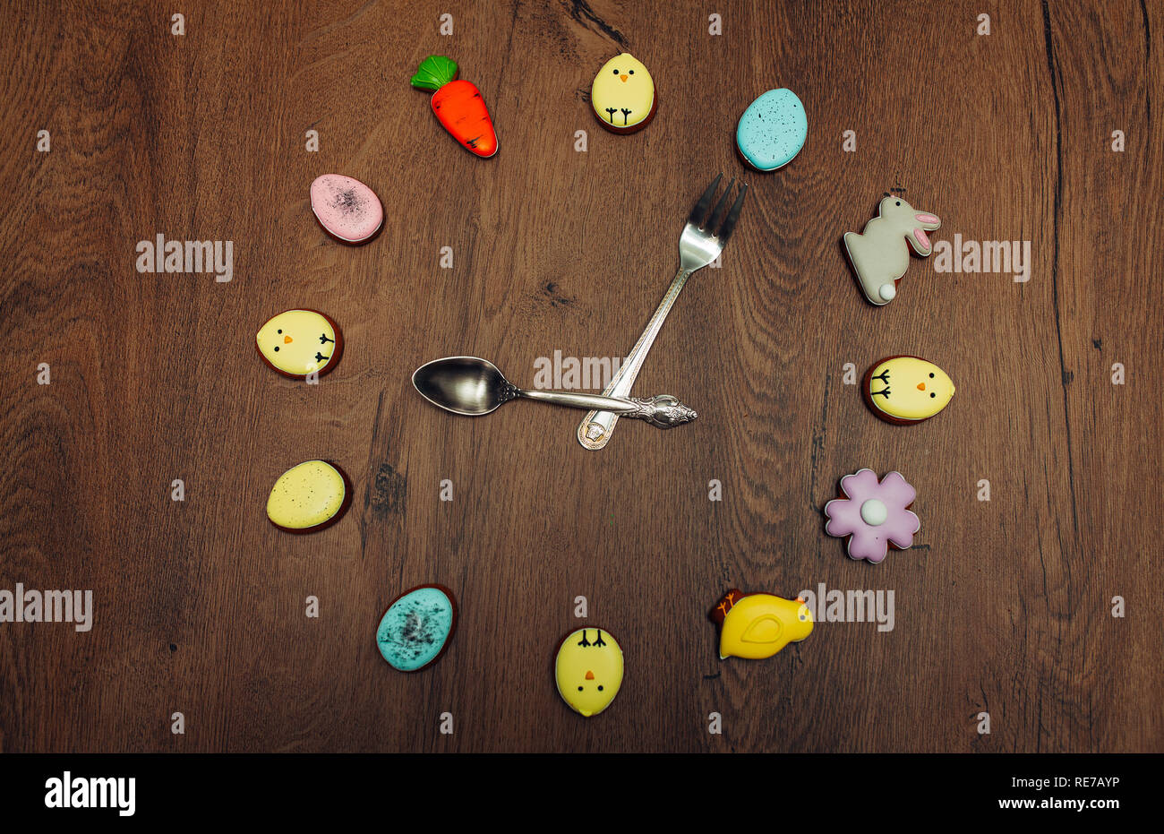 Easter homemade gingerbread cookie clock face background Stock Photo ...