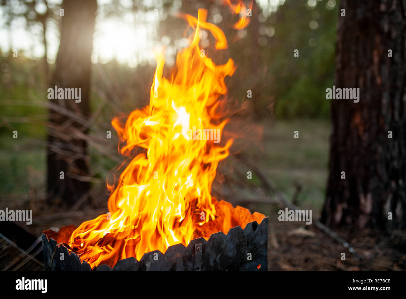 Grill with great fire. Flames burst high. Barbecue in nature Stock ...
