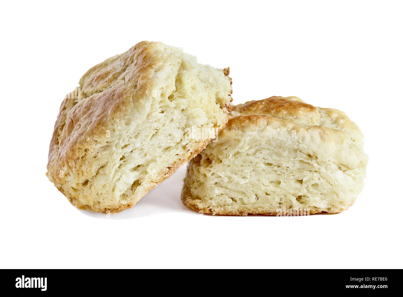 Two buttermilk southern biscuits or scones isolated over a white ...