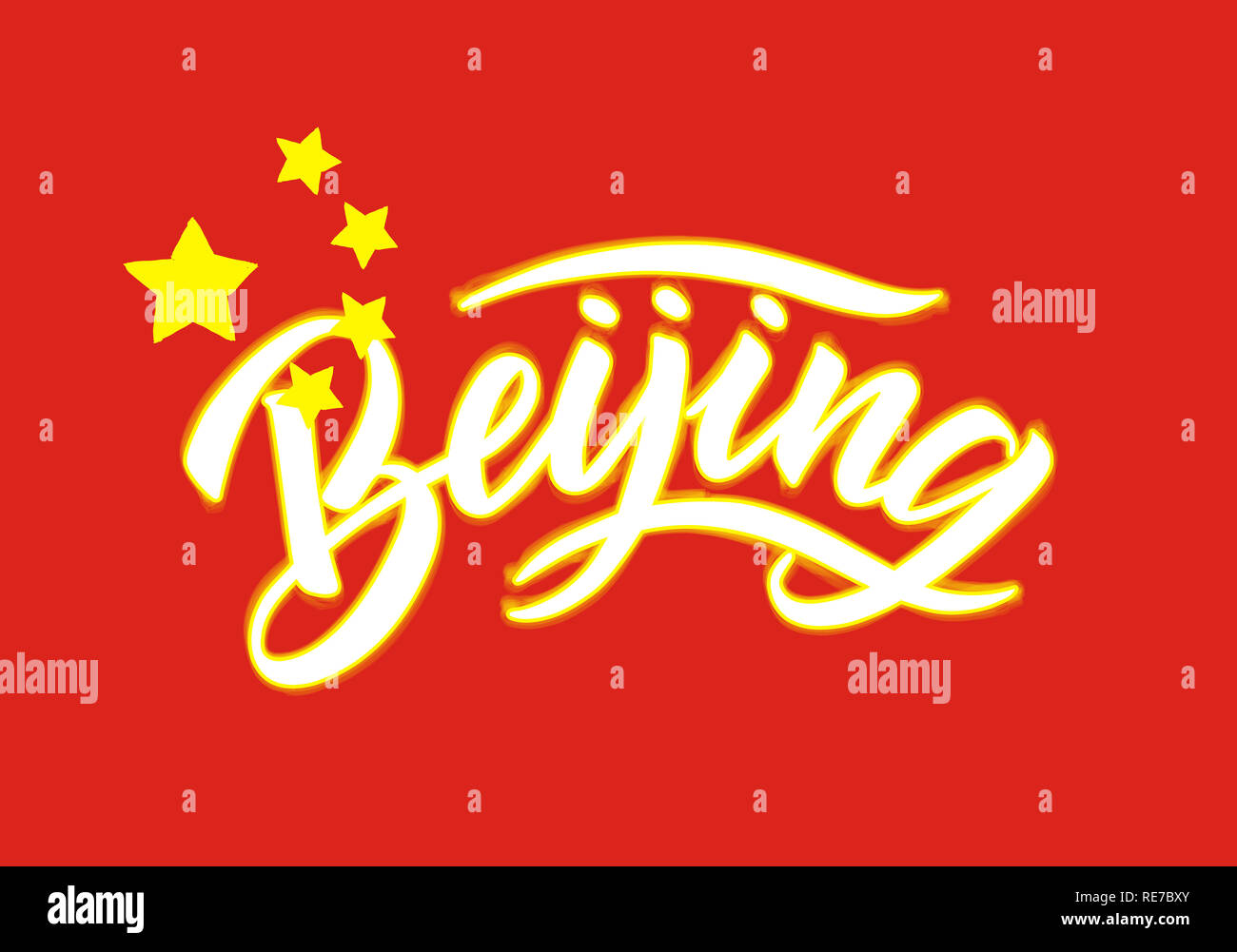 Beijing lettering on natinal china flag. City logo on red. Vintage ...