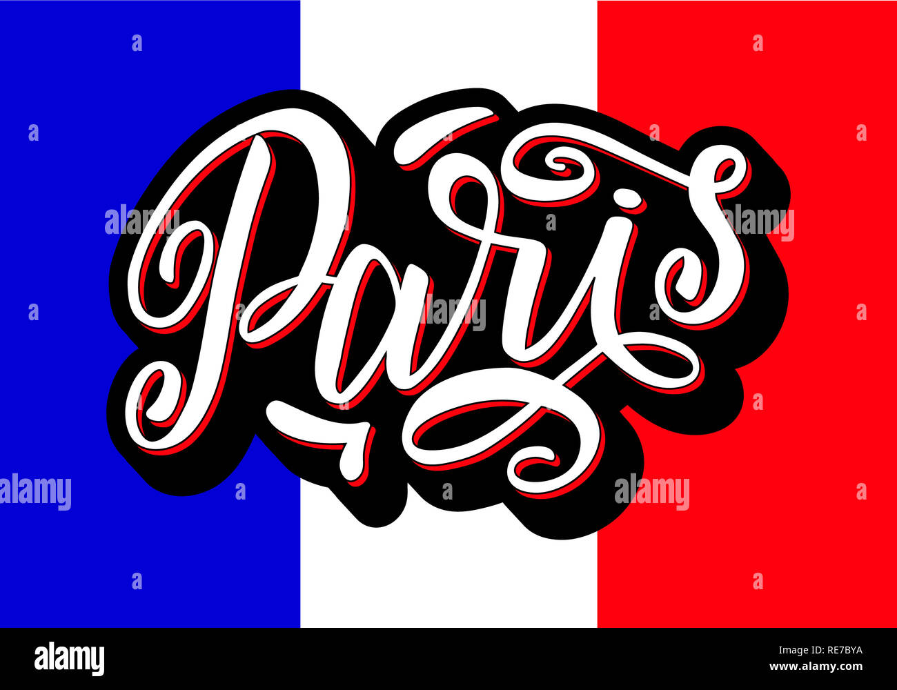 Handwritten inscription Paris on colors of the national flag of France ...