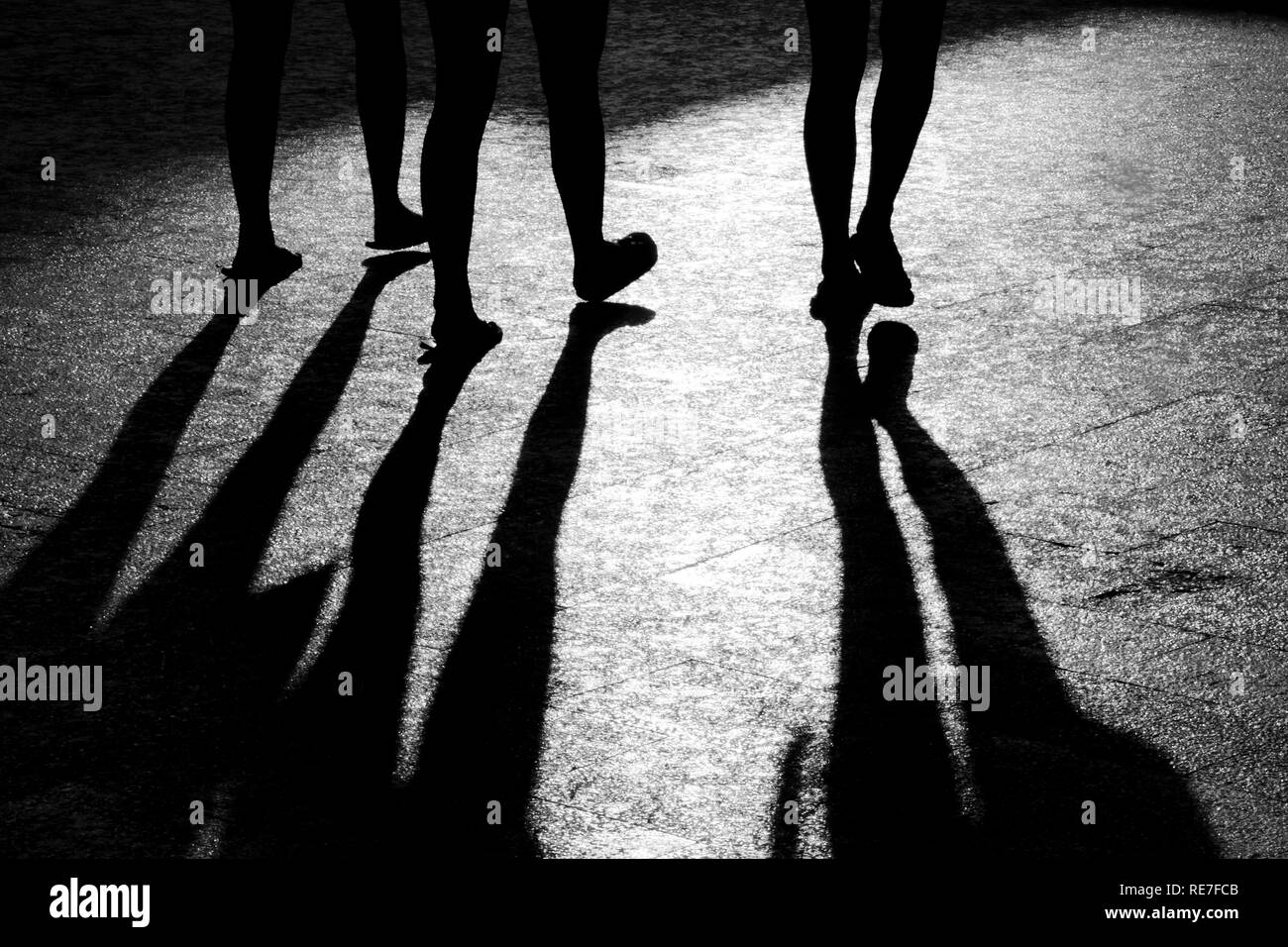 Blurry reflection shadow and silhouette of three people legs on summer ...
