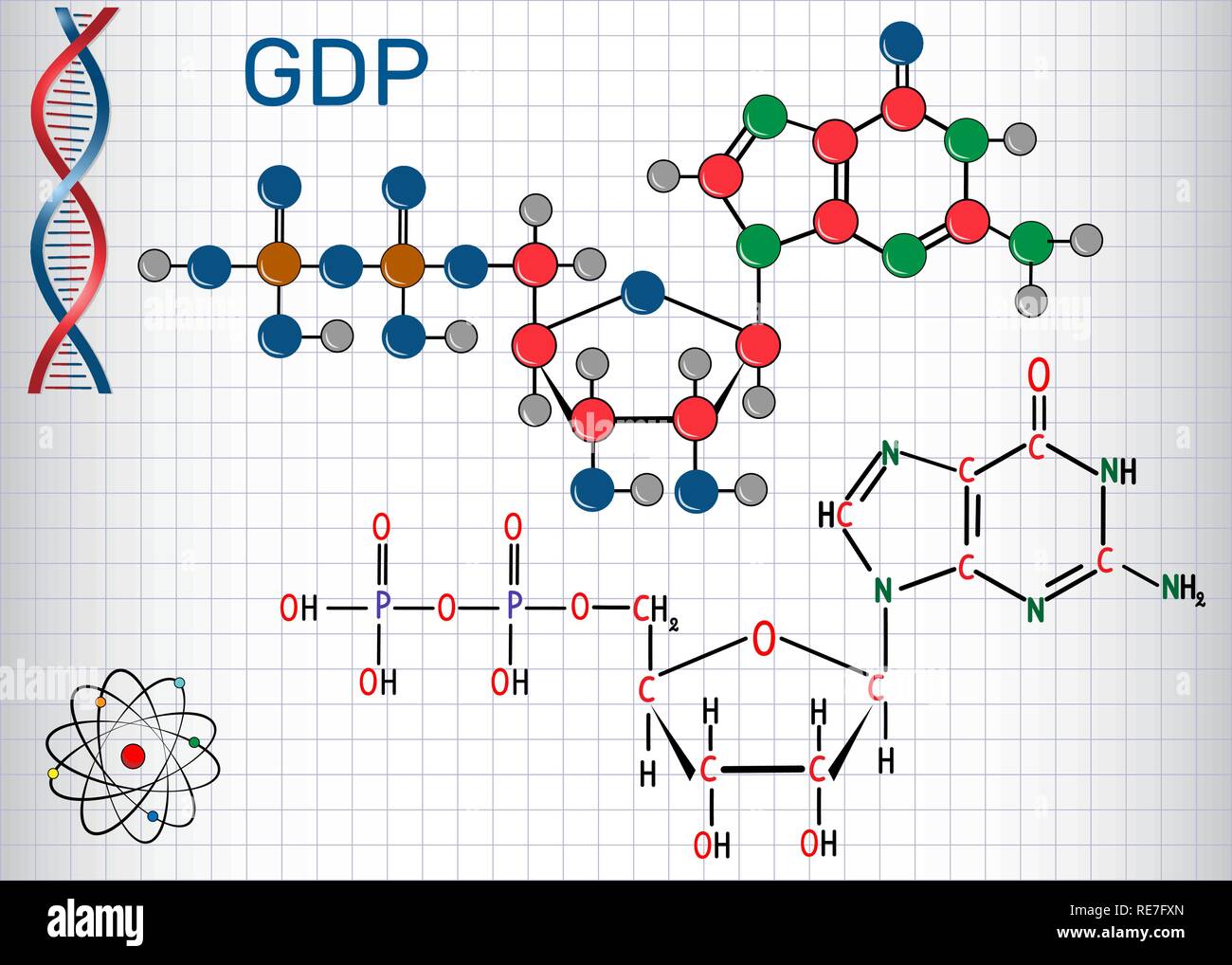 Guanosine diphosphate (GDP) molecule. Structural chemical formula and ...