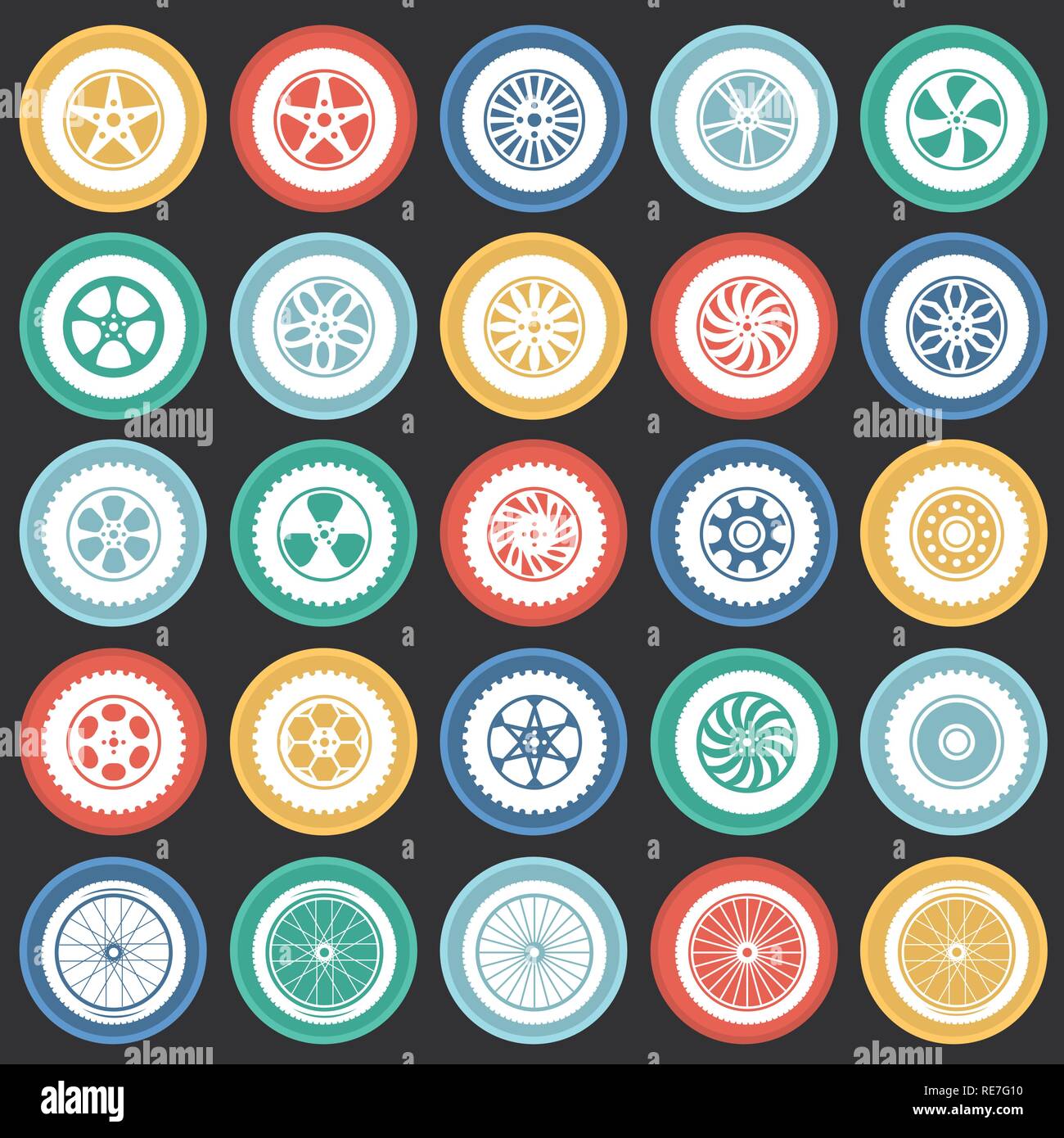 Wheel icons set on color circles black background for graphic and web ...