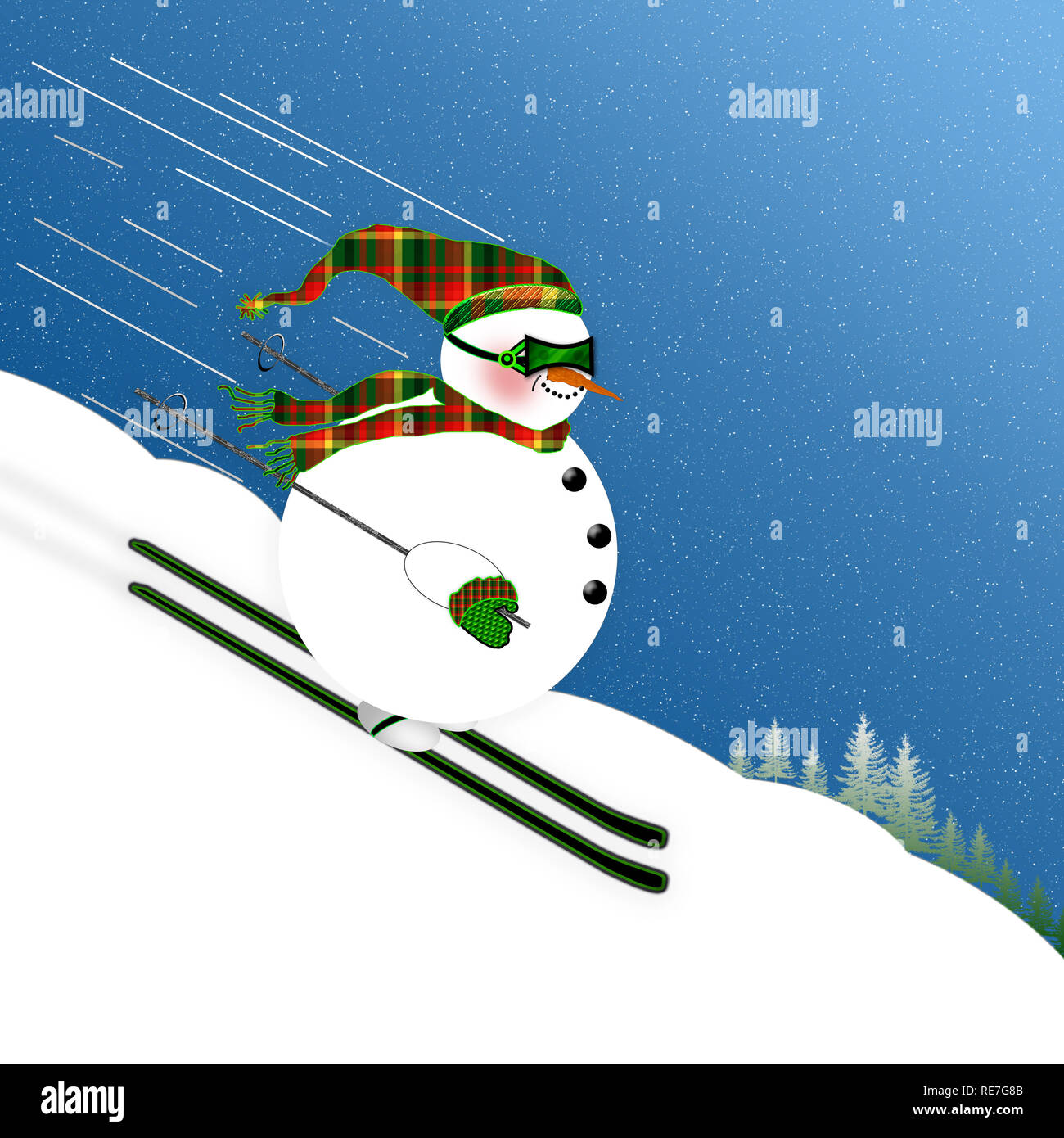Cute, Funny and Fat Little Snowman skiing down mountain at fast speed ...