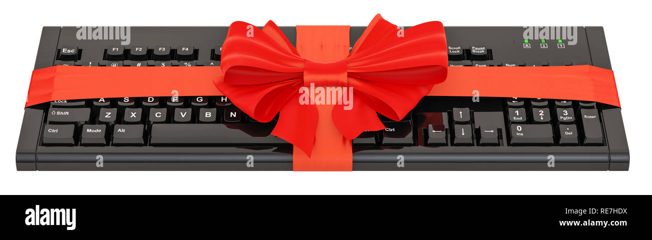 Computer keyboard with bow and ribbon, gift concept. 3D rendering ...