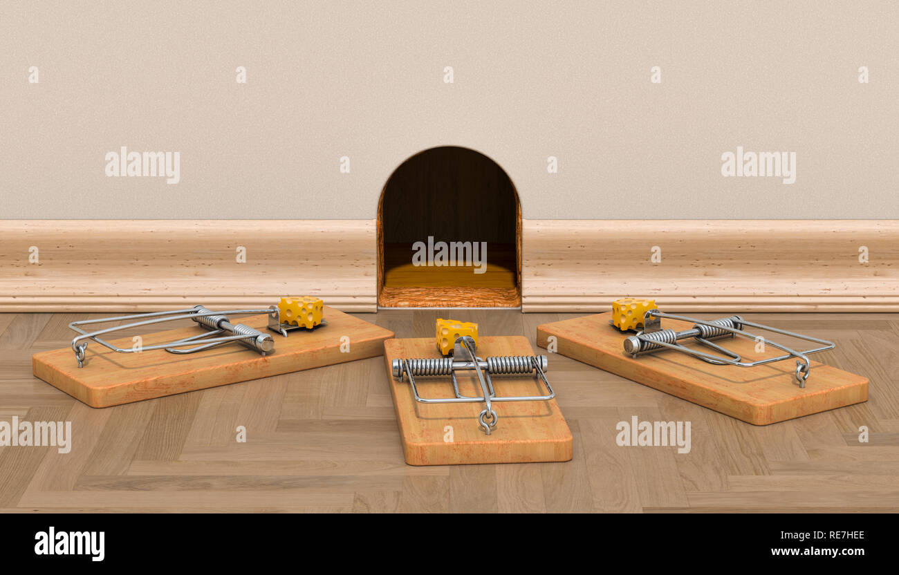 Mouse hole on the wall and mouse traps with cheese around, 3D rendering ...