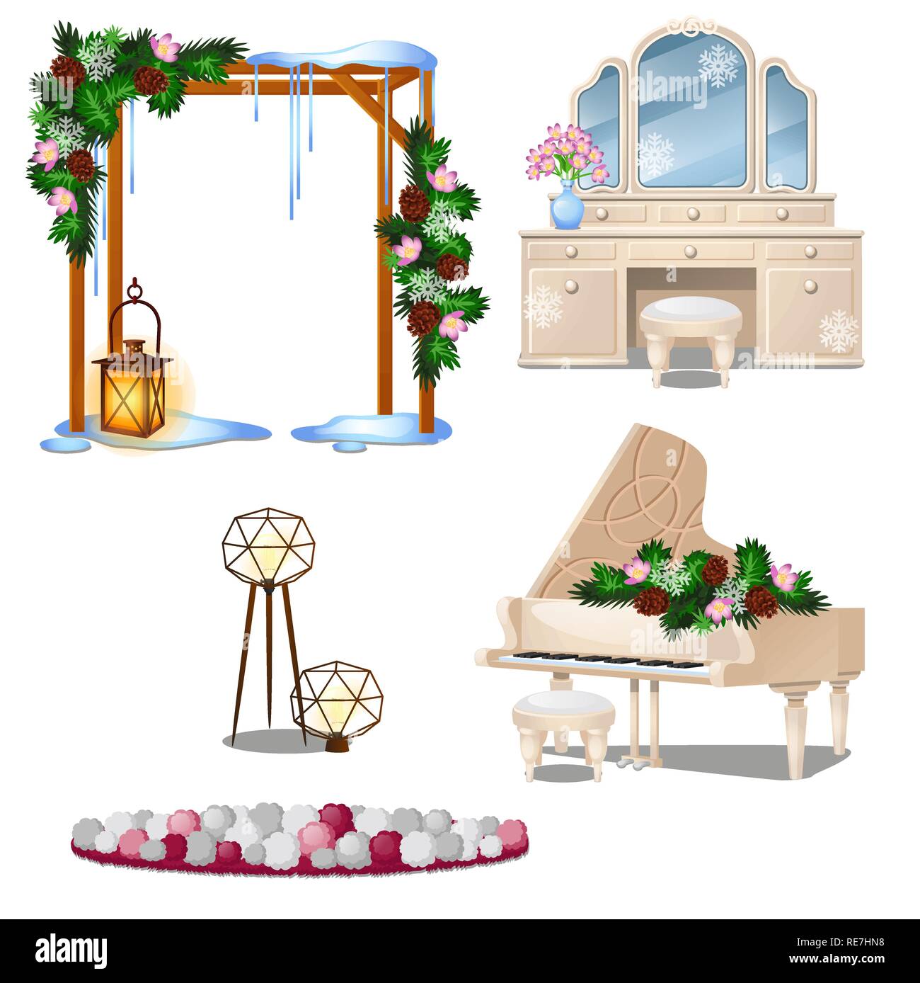 Set of vintage furniture interior items isolated on white background ...