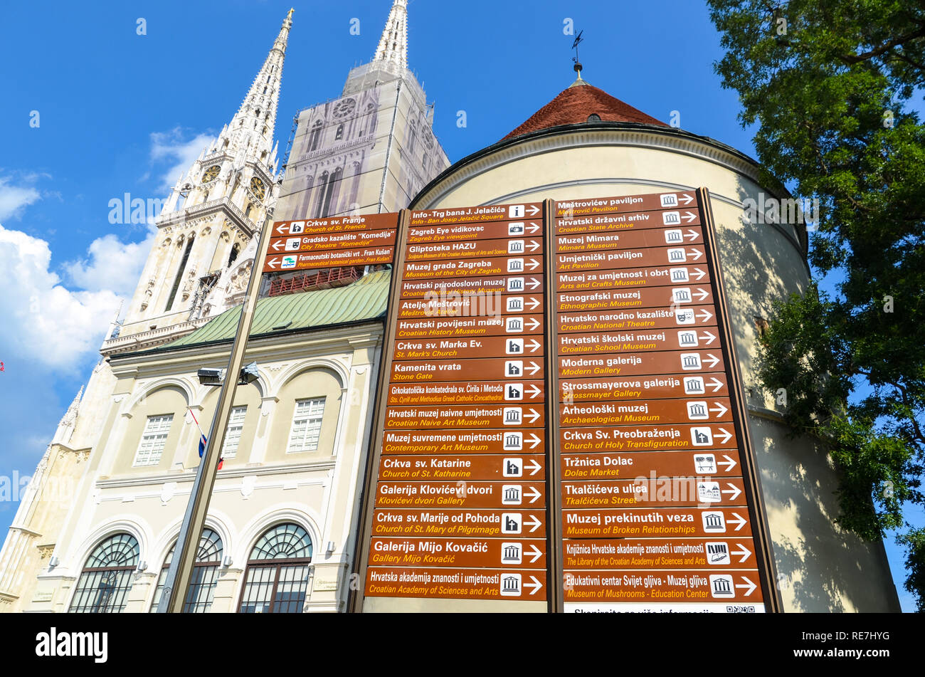 Tourist signs for attractions in the summer in Zagreb, Croatia Stock ...