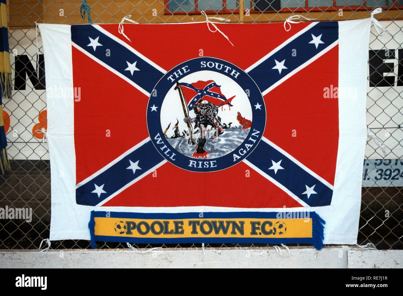 Supporters flag at Poole Town FC Football Ground, Poole Stadium ...